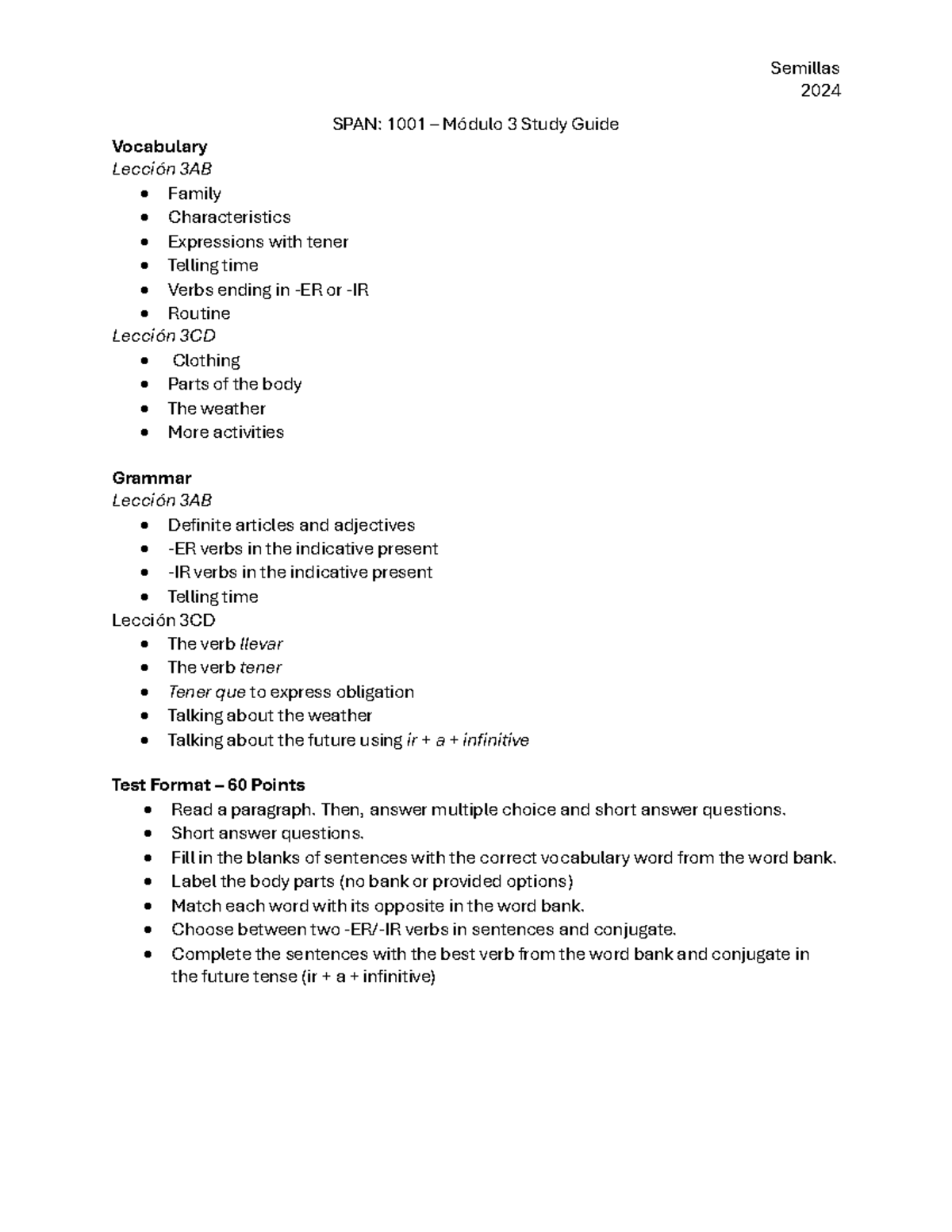 SPAN 1001 - Módulo 3 Comprehensive Study Guide & Answer Key - Studocu