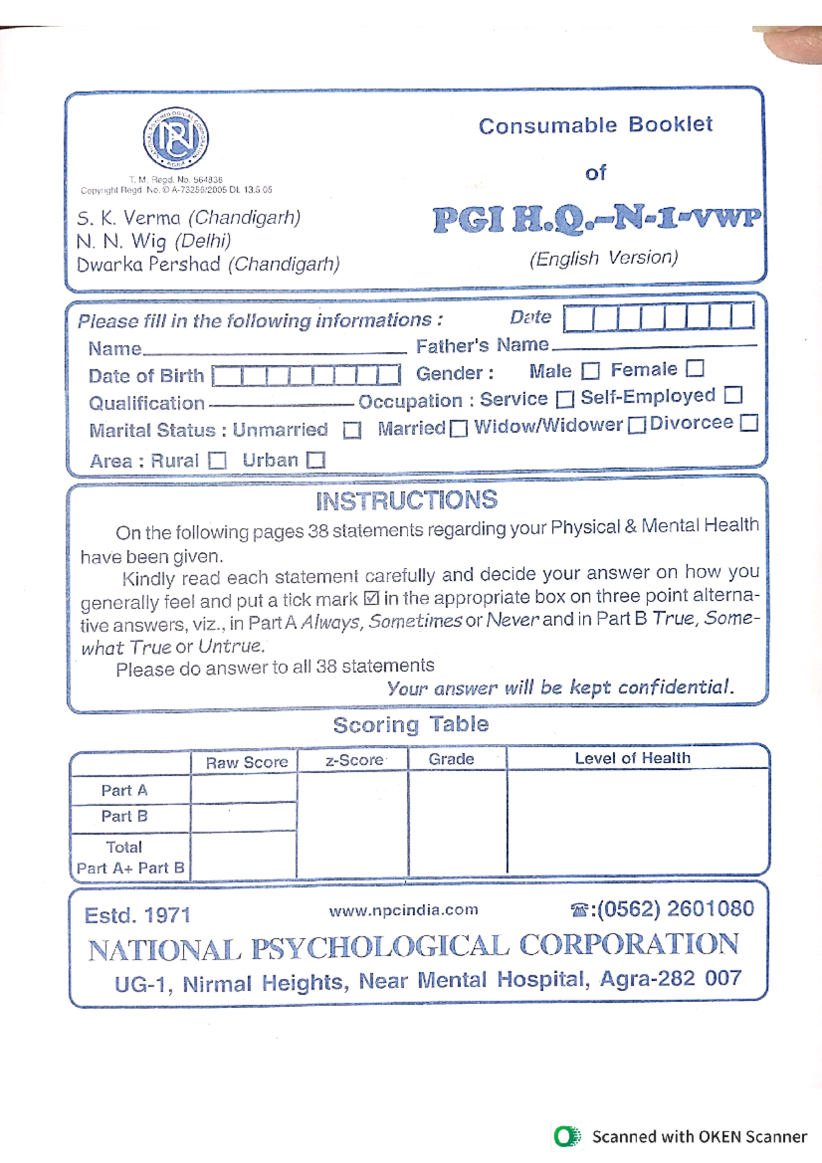 PGI Health Questionnaire Manual: Psychological Assessment & Scoring - Studocu
