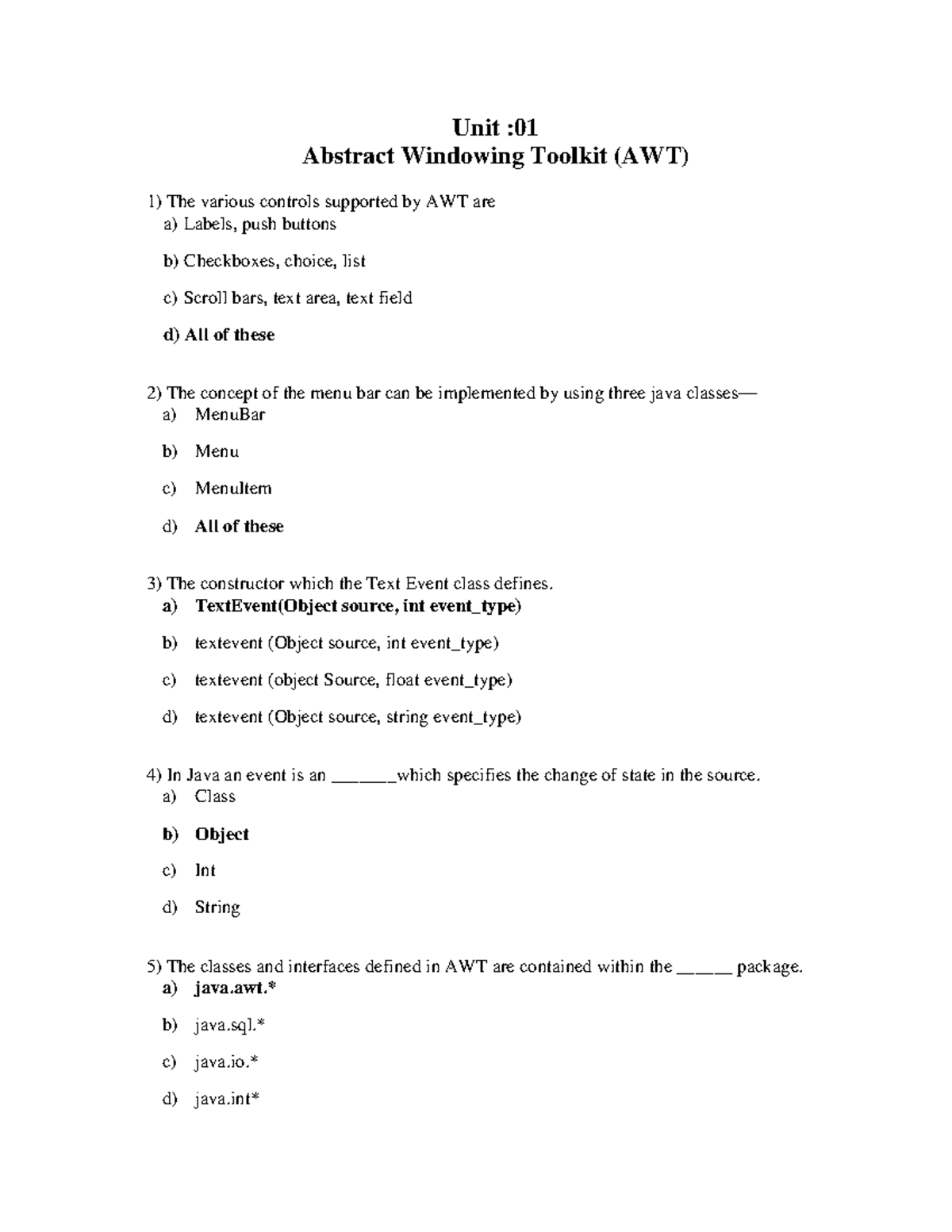 Ajp mcq chapter 1 - Unit : Abstract Windowing Toolkit (AWT) The various ...
