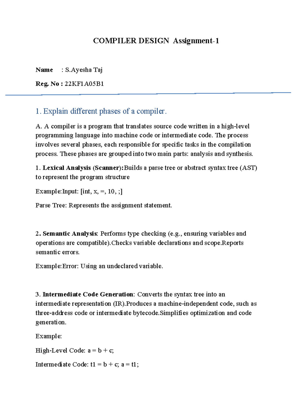 Compiler design assignment: Phases and generation of lexical analyzer ...