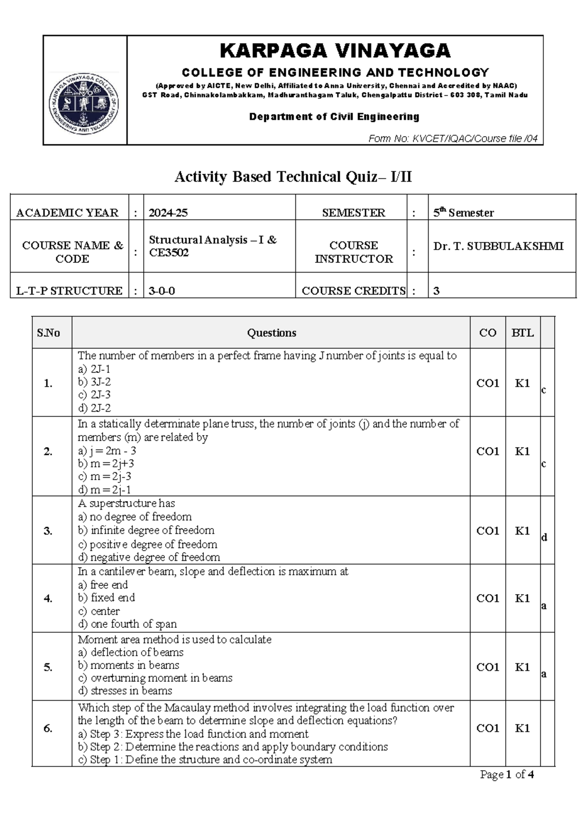 13. Activity based technical quiz I - WITH Answer - COLLEGE OF ...