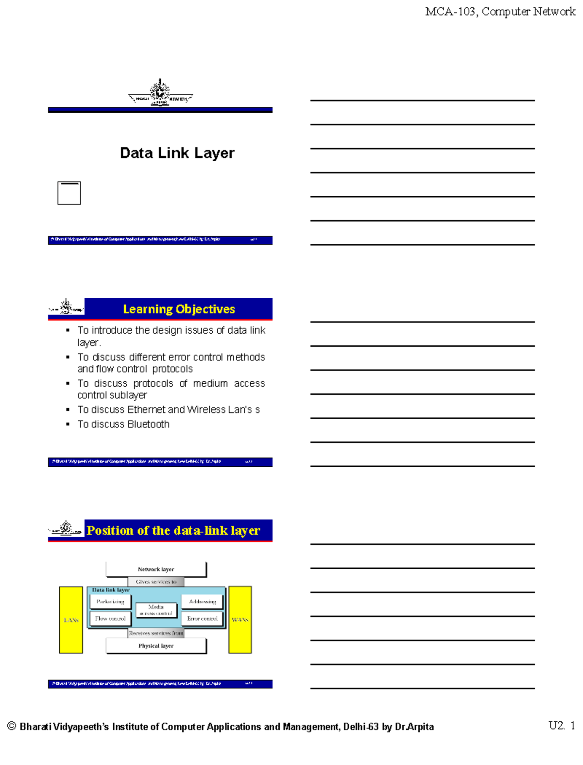 CN Unit 2 - Data Link layer - © Bharati Vidyapeeth’s Institute of Computer Applications and ...