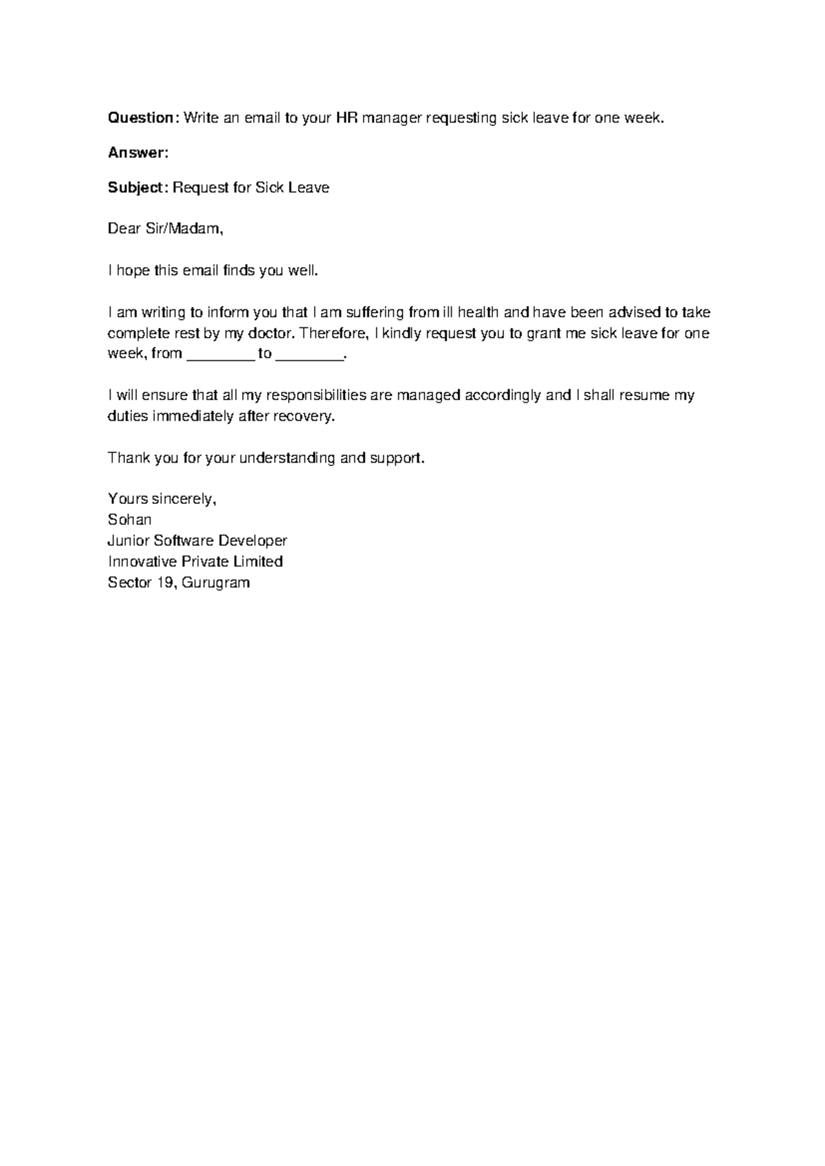 English Email: Sick Leave Request Template - Studocu