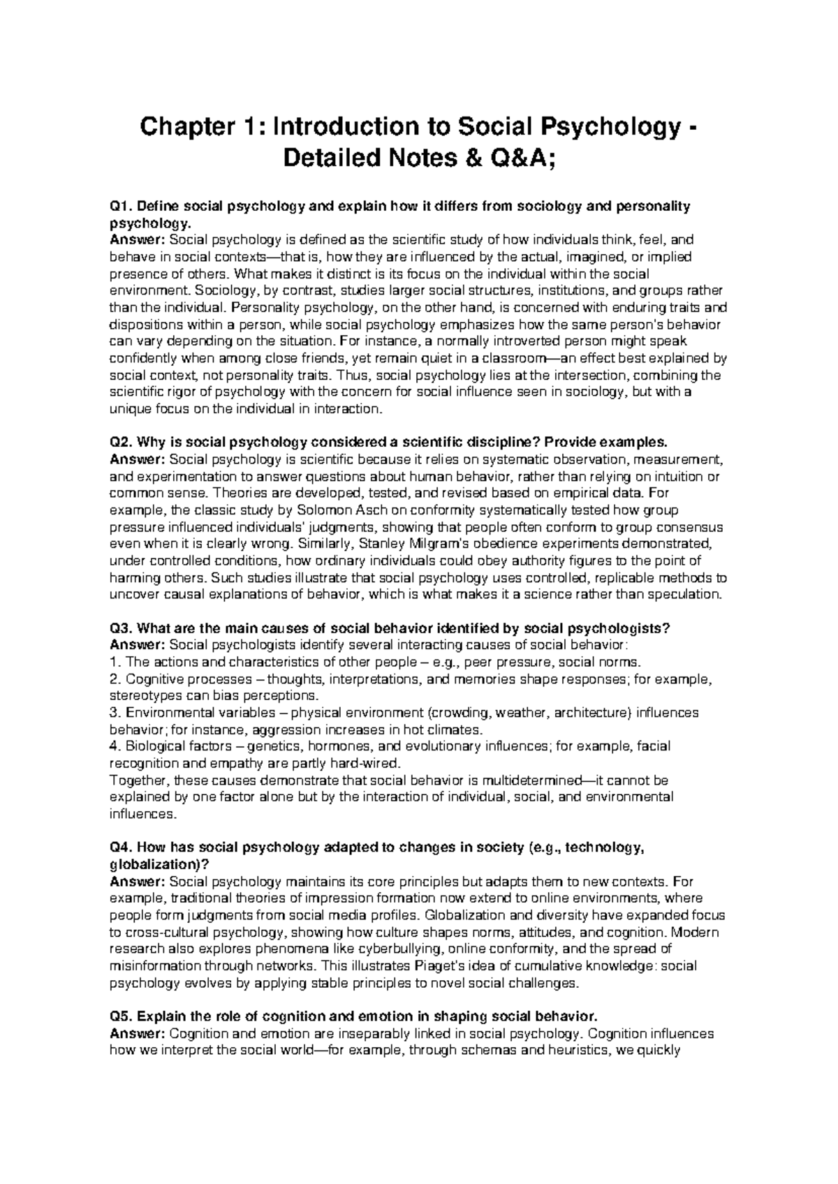 Chapter 1: Intro to Social Psychology Detailed Notes (QA) - Studocu
