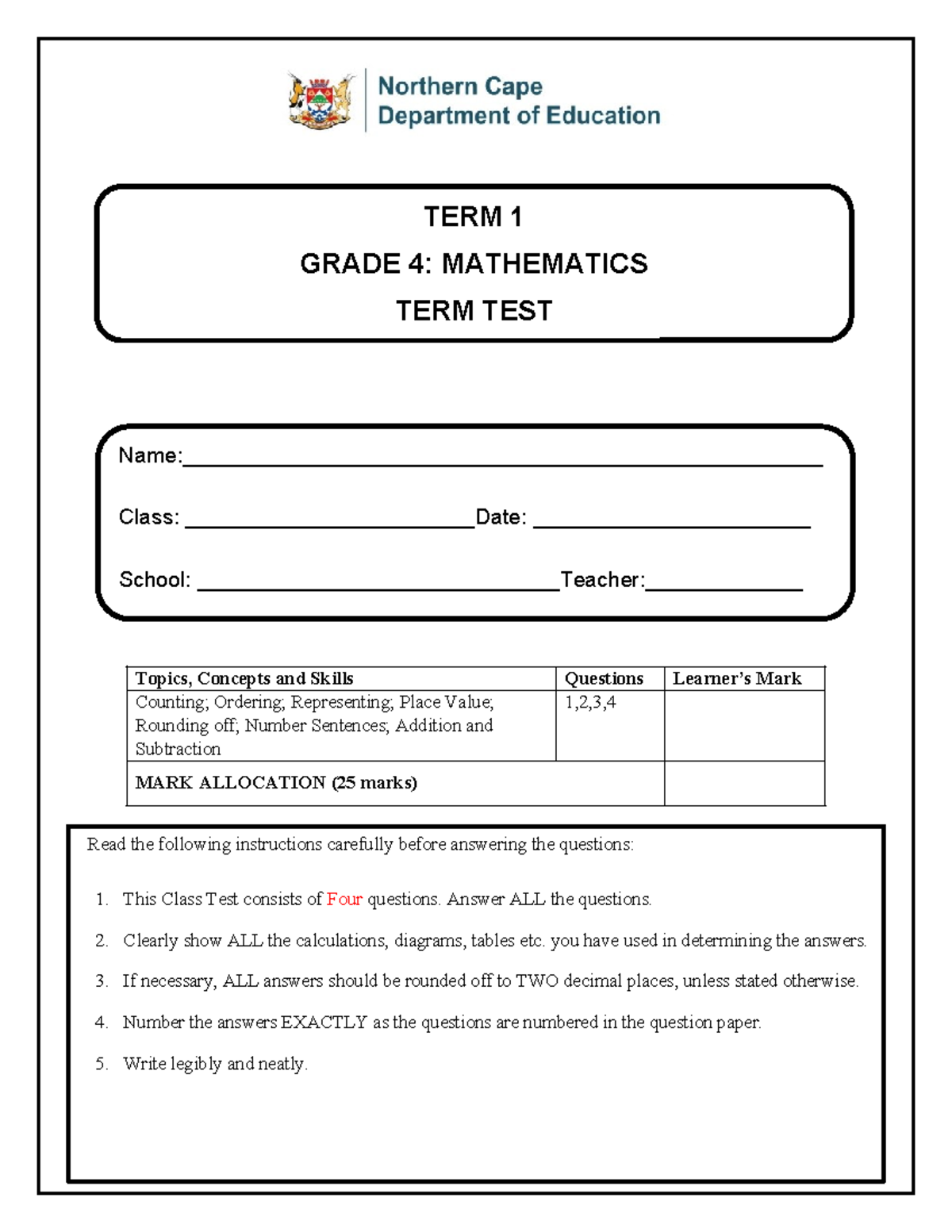GR 4 MATHEMATICS TERM TEST 1 March 2025: Rounding & Addition - Studocu