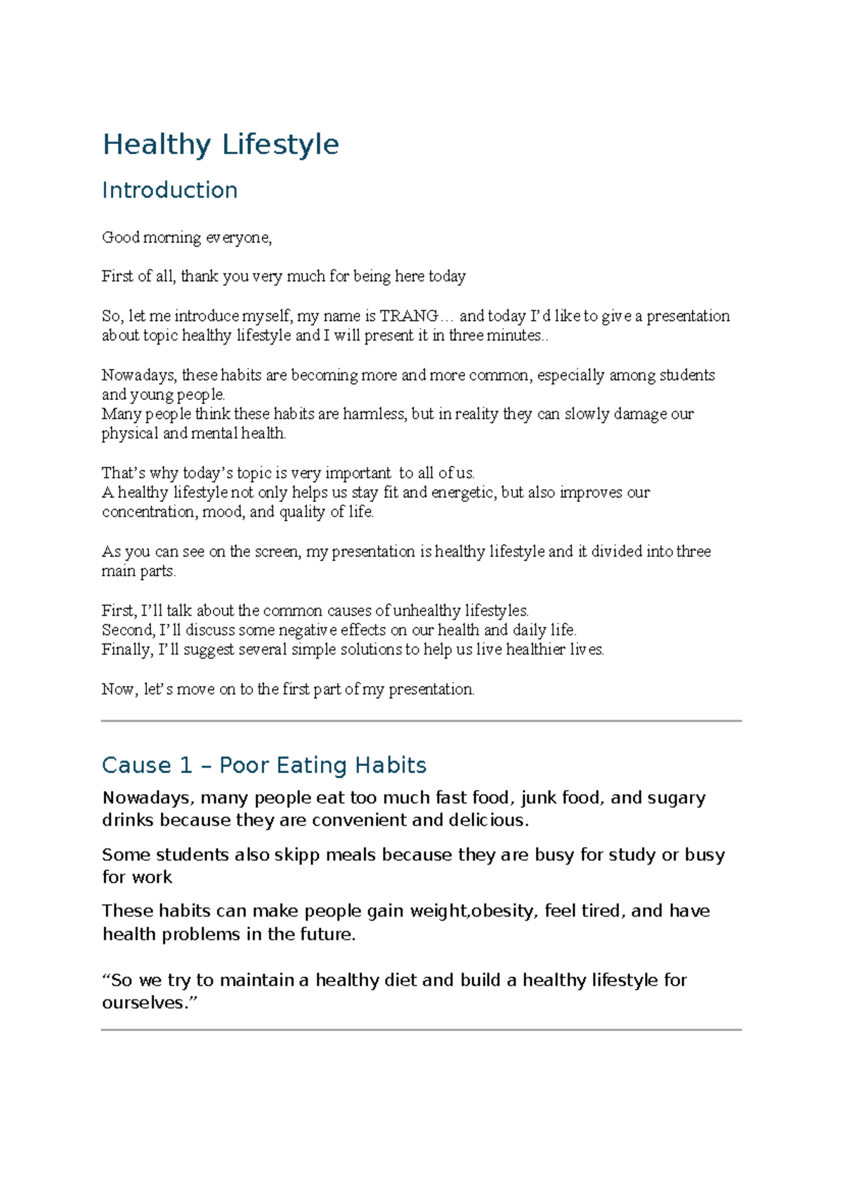 Healthy Lifestyle Presentation: Key Causes & Solutions - Studocu