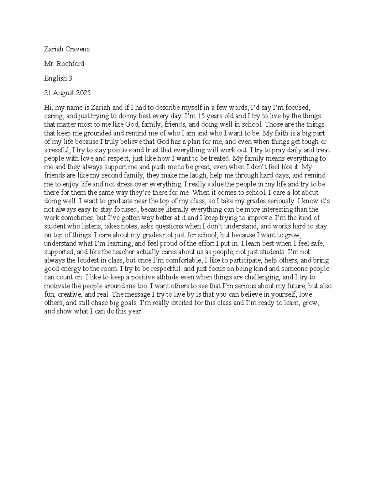 English 3 Self-Summary: My Journey of Growth and Values - Studocu