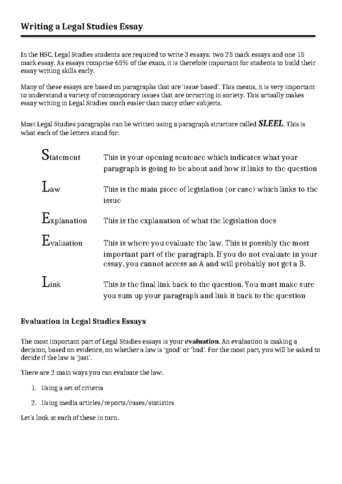 HSC Legal Studies Essay Writing Guide: SLEEL Structure & Evaluation ...