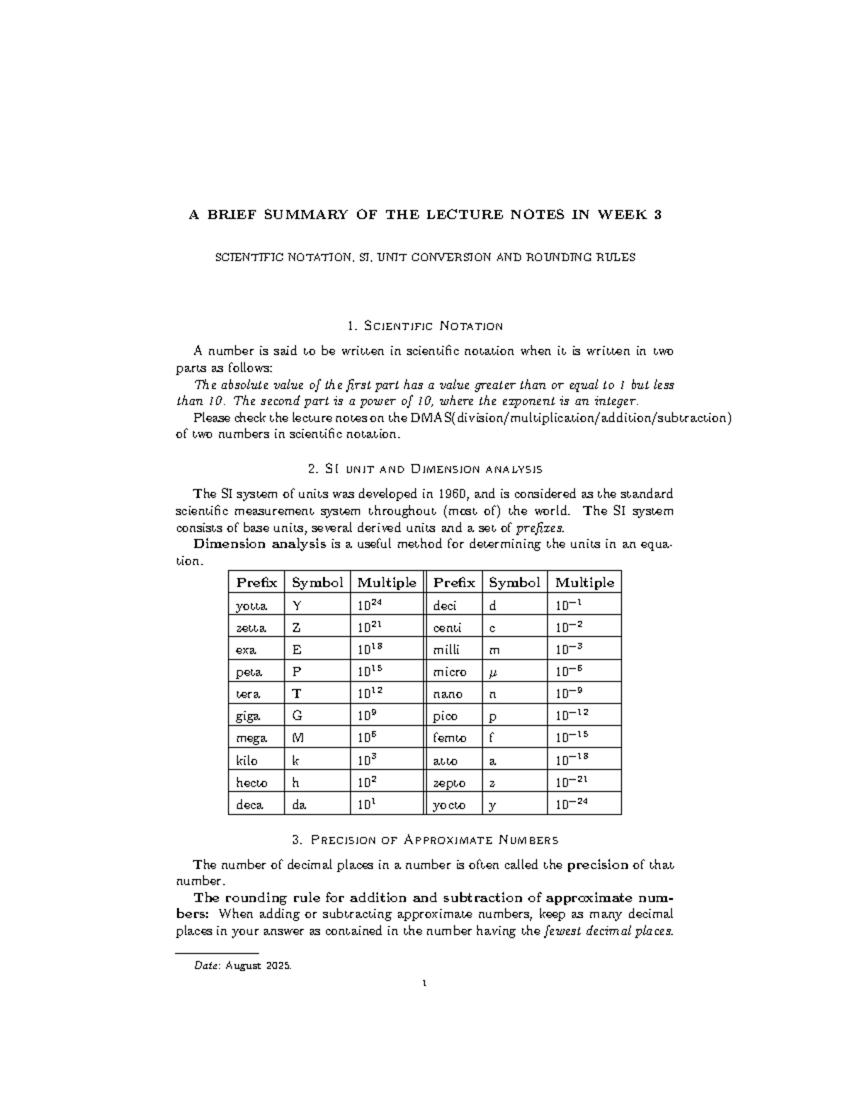 Week 3 Lecture Notes: Scientific Notation, SI Units & Rounding Rules ...