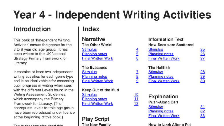 Year 4 Independent Writing Activities Compilation - Studocu