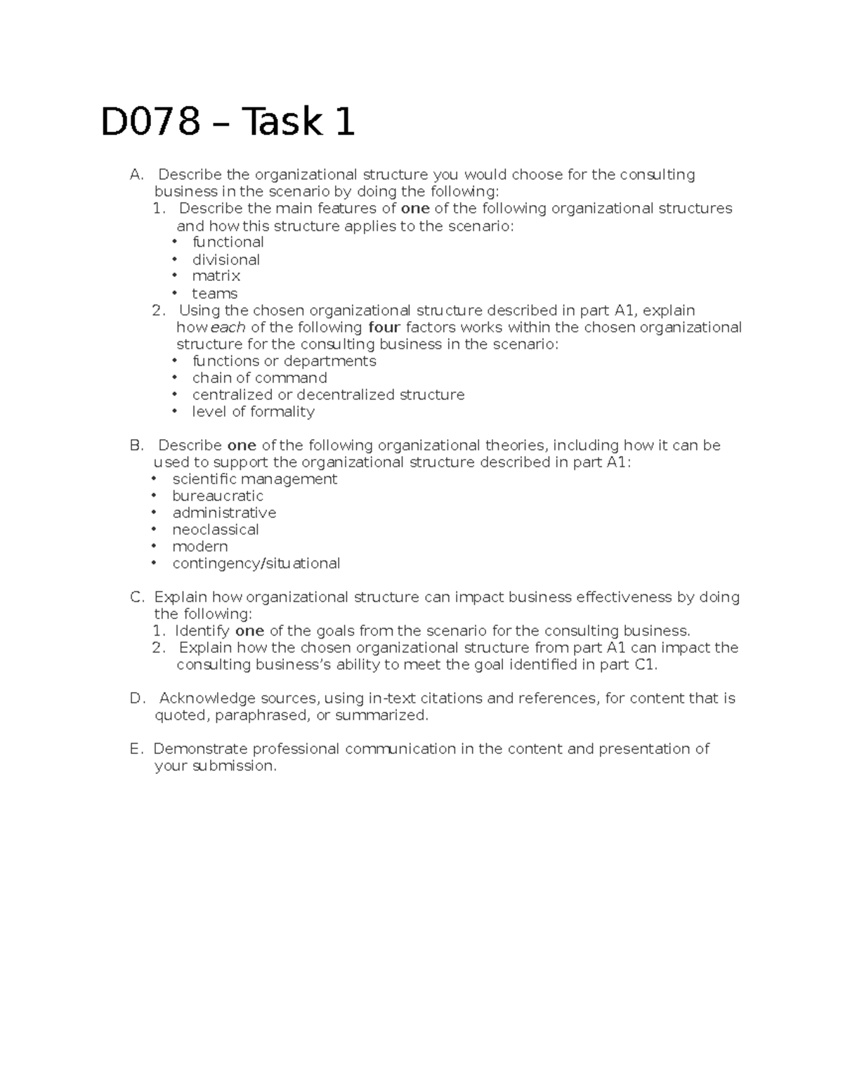D078 - Task 1 - Consulting Org Structure & Theories Evaluation - Studocu