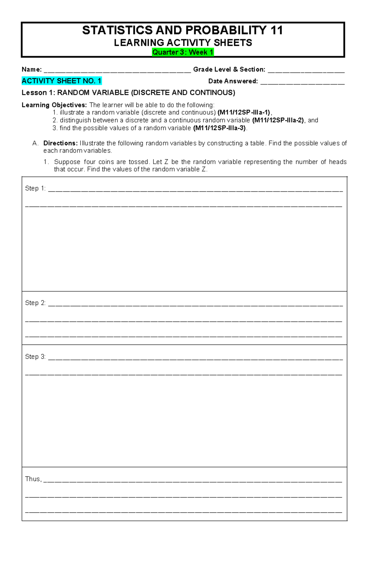 LAS-1 W1 Q3 Stat-and-Prob-2024 - STATISTICS AND PROBABILITY 11 LEARNING ...