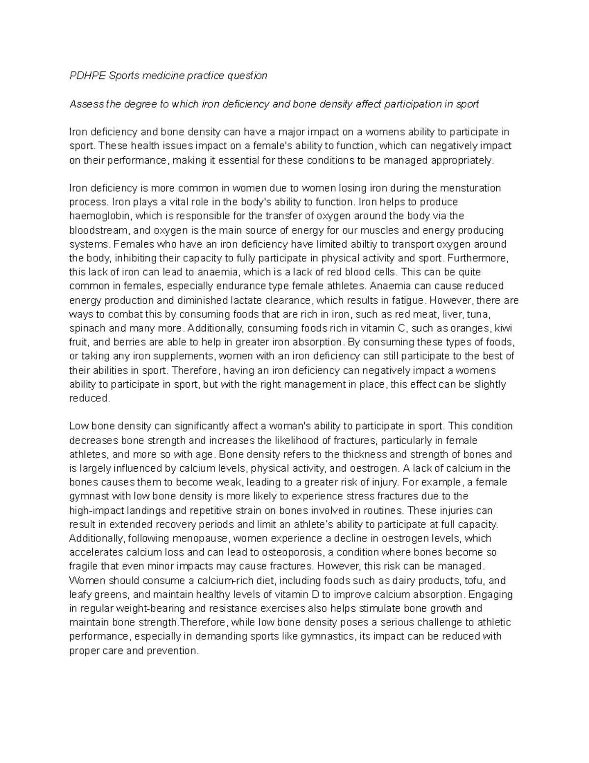 PDHPE Sports Medicine: Impact of Iron Deficiency & Bone Density on ...