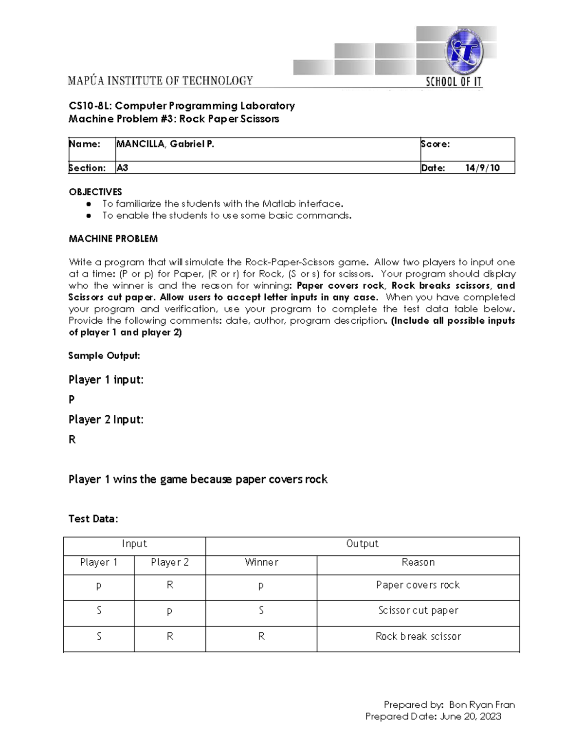 Machine Problem 3: Rock Paper Scissors Simulation (CS101) - Studocu
