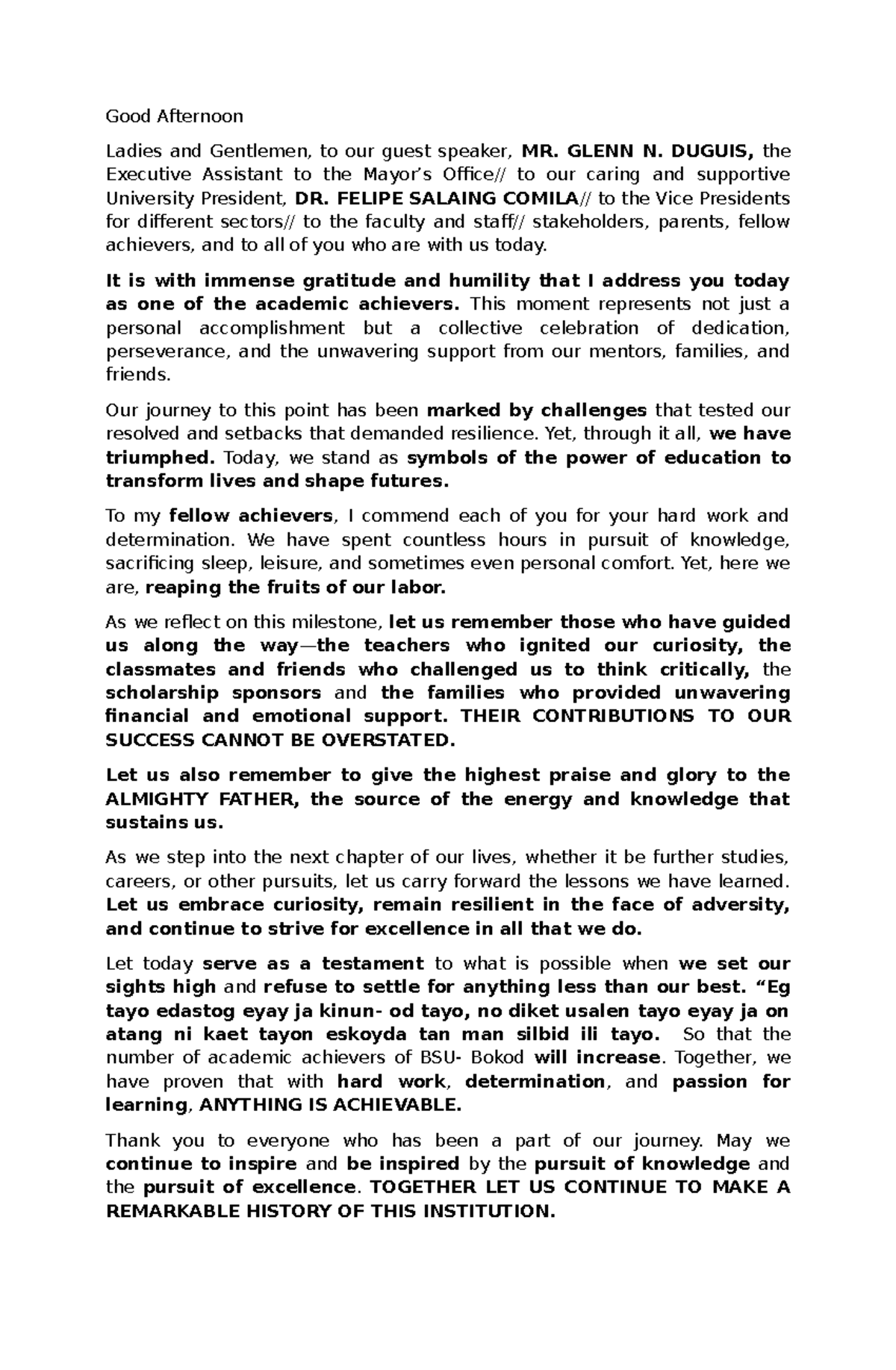 Response Speech Sample for Academic Achievement Celebration - Studocu