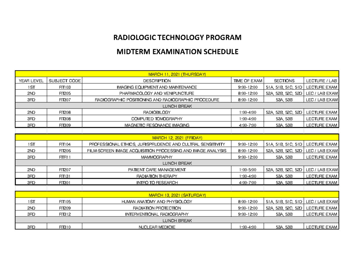 RT Program Midterm Exam Schedule for Radiologic Technology Students - Studocu