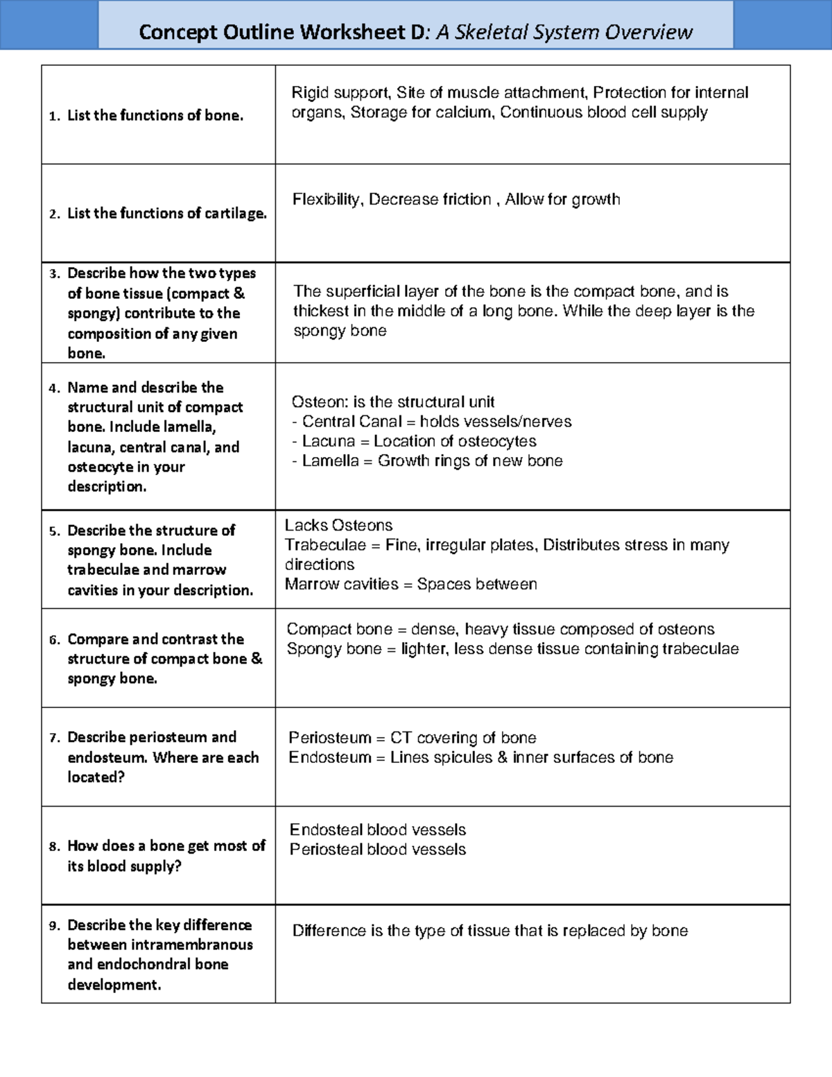 Concept Outline Worksheet D: Overview of the Skeletal System - Studocu