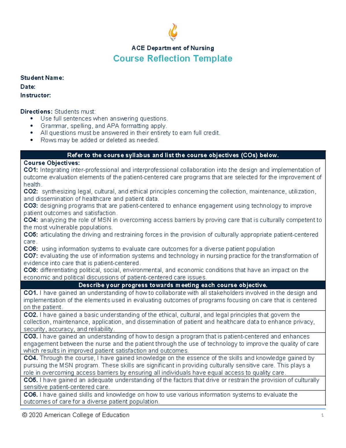 ACE Nursing Dept. Course Reflection Template & Objectives Review - Studocu