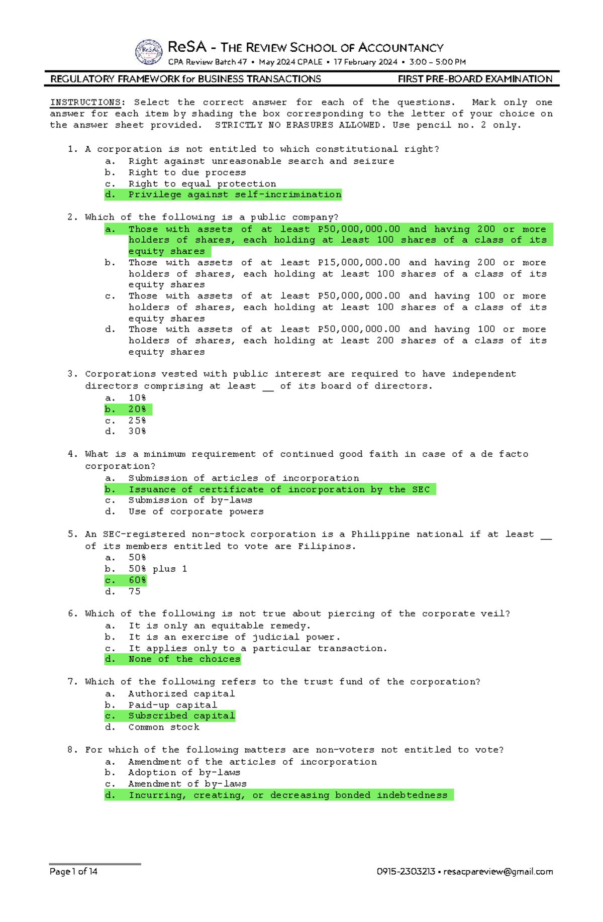 RESA-B47-RFBT-First-Pre-Board-Exam-March-2024-CPAReview - Studocu