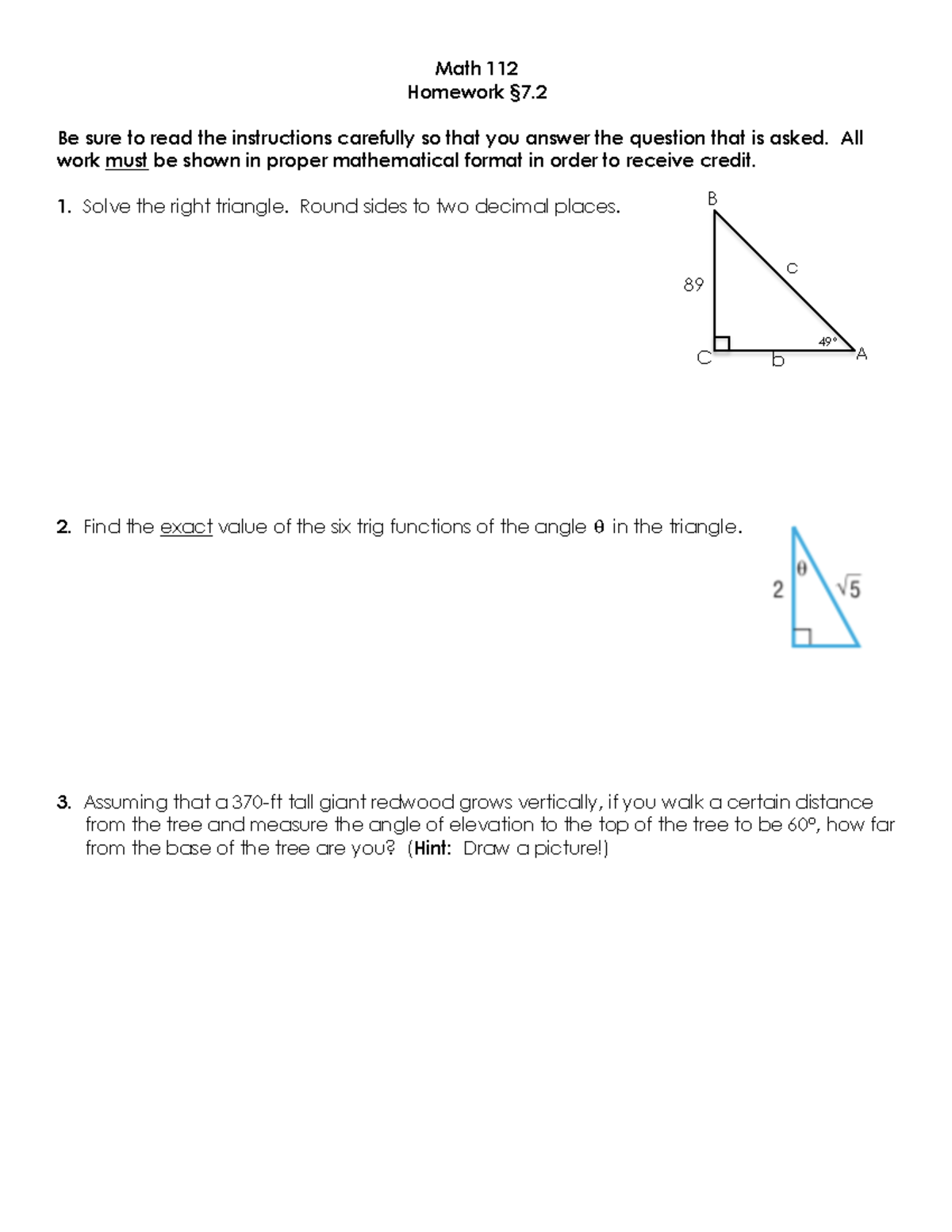 Math 112 - Homework #7: Trigonometry and Right Triangles - Studocu