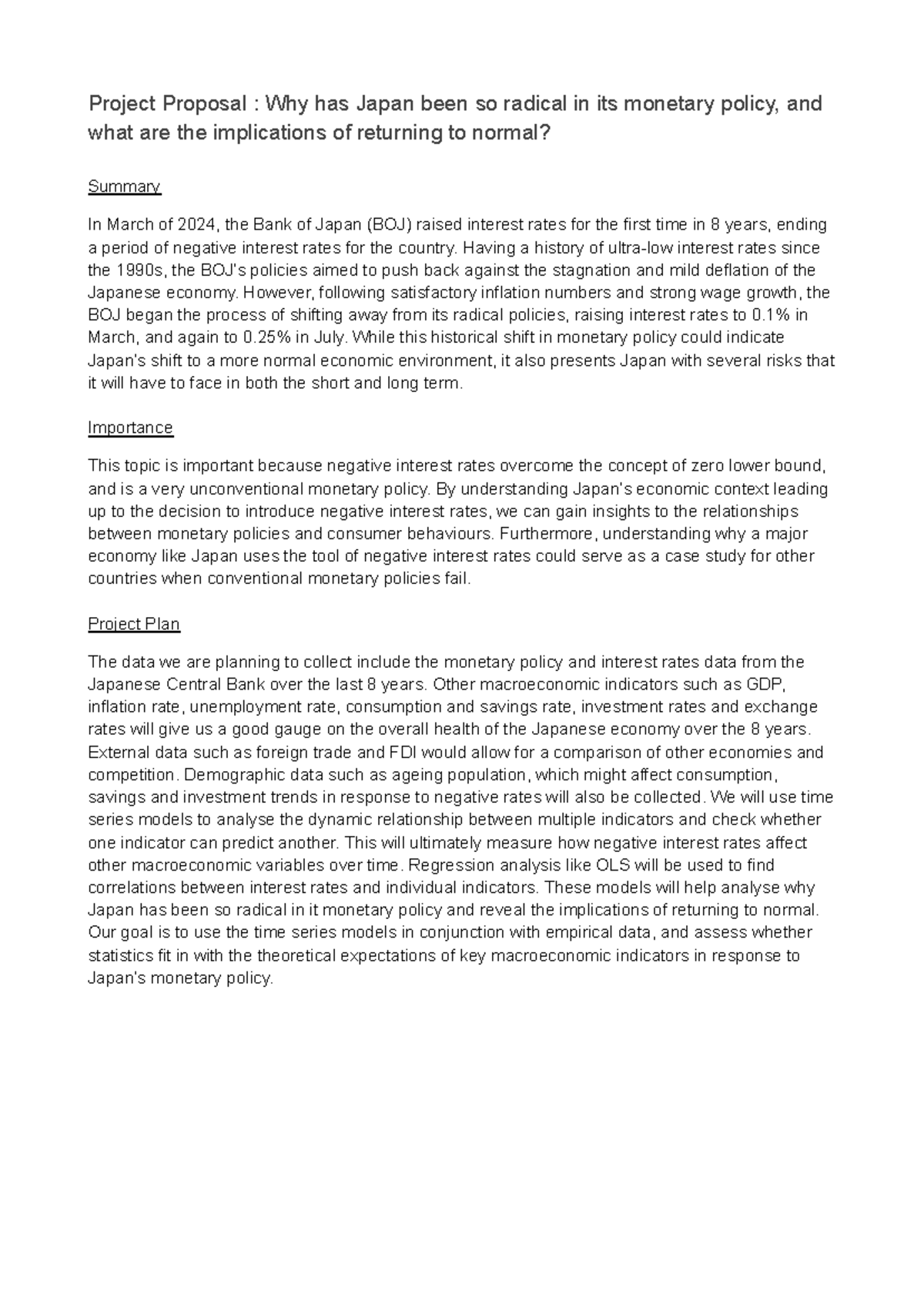 Exemplar Econ2102 Project Proposal - Project Proposal : Why has Japan ...