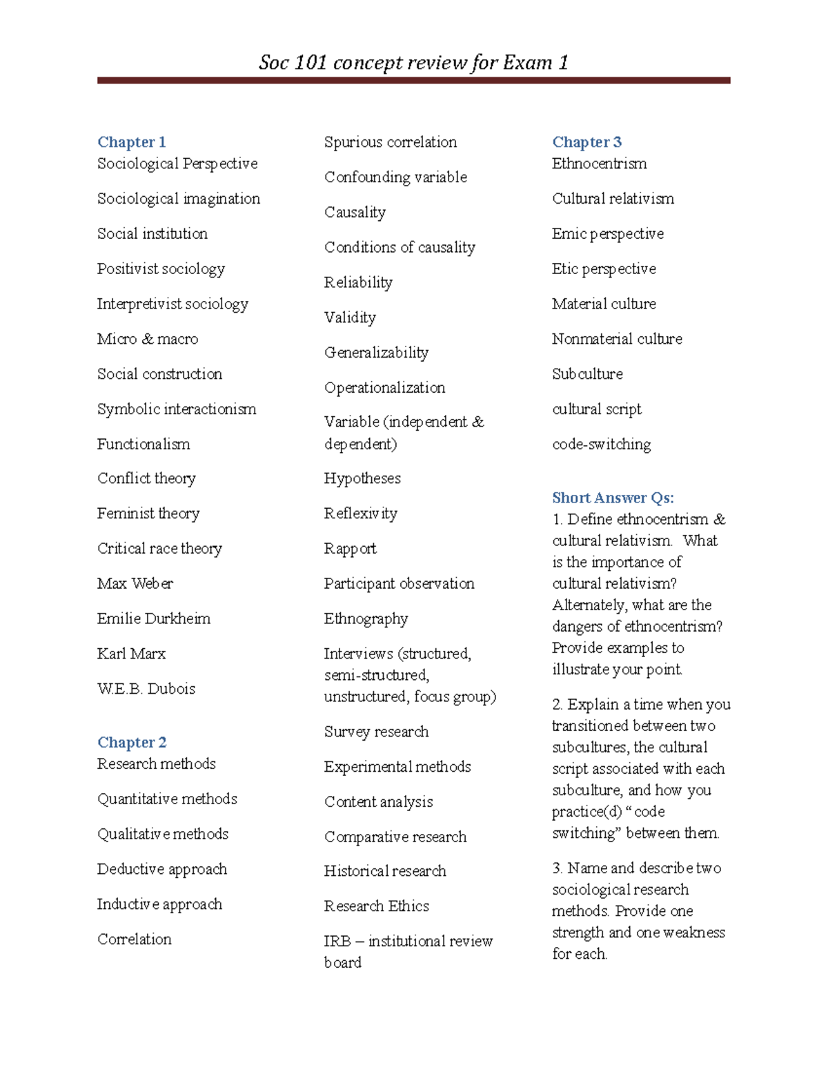 SOCI 1110 Exam 1 Study Guide: Key Concepts in Sociological Theory - Studocu