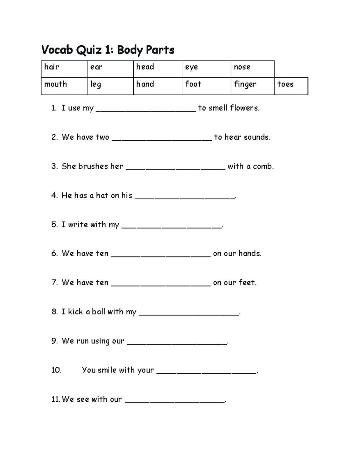 Vocab Quiz 1-4: Body Parts, Clothing, Colours & Numbers - Studocu