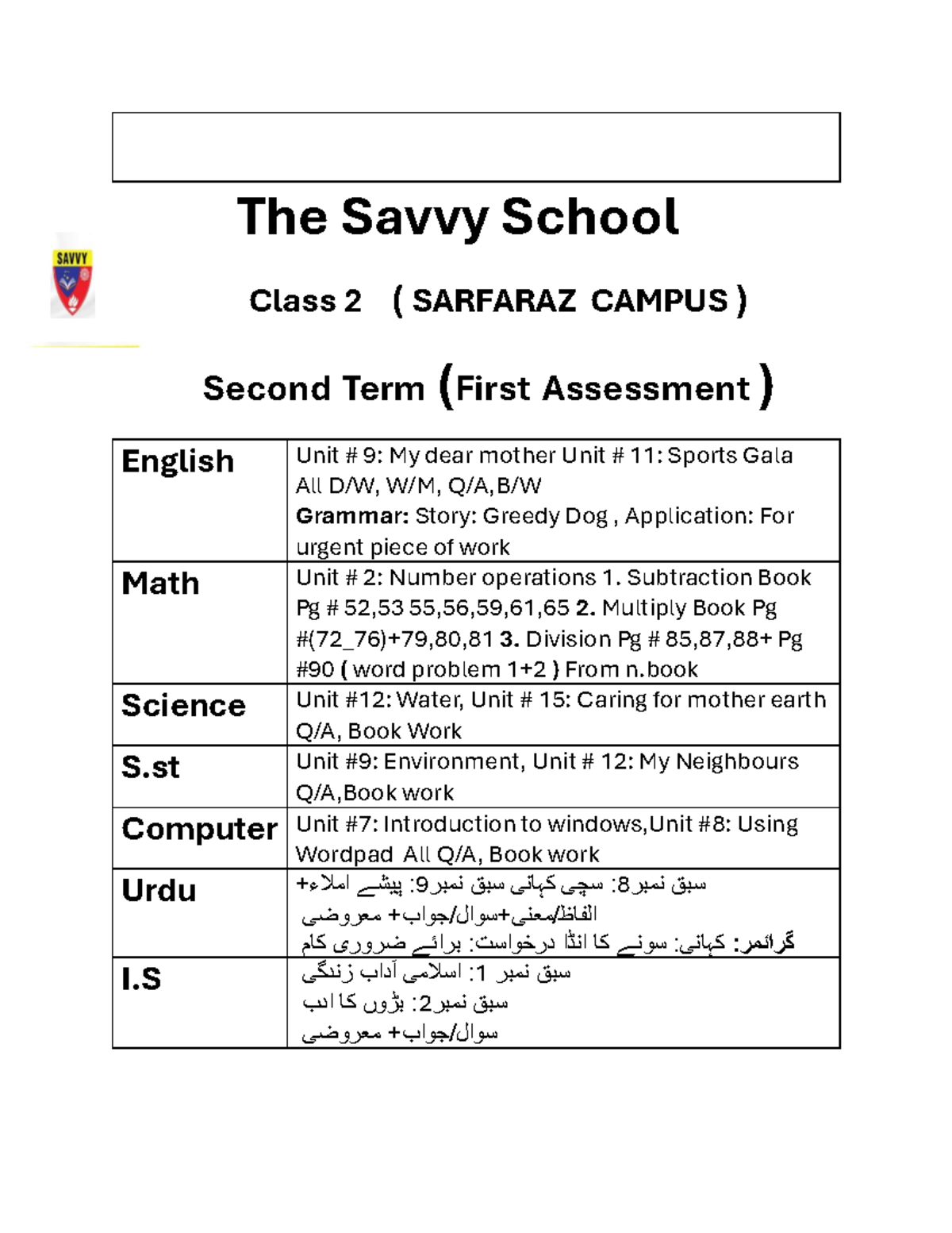Class 2 Assessment Syllabus (SARFARAZ CAMPUS) - English, Math, Science ...