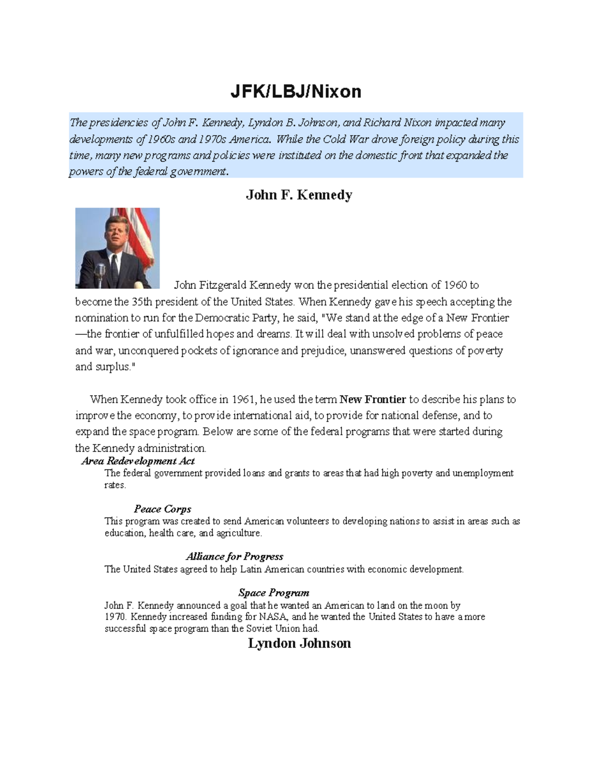 Impact of JFK, LBJ, and Nixon on 1960s-70s America - History 101 - Studocu