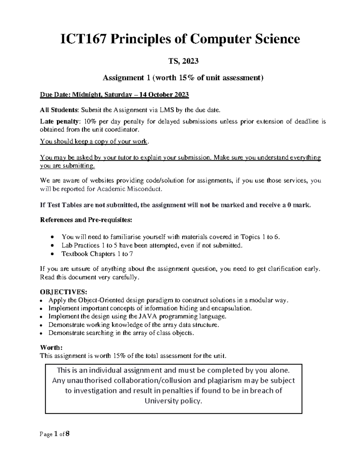 ICT167-Assignment-1-Computer-Science-OOD-2023 - Studocu
