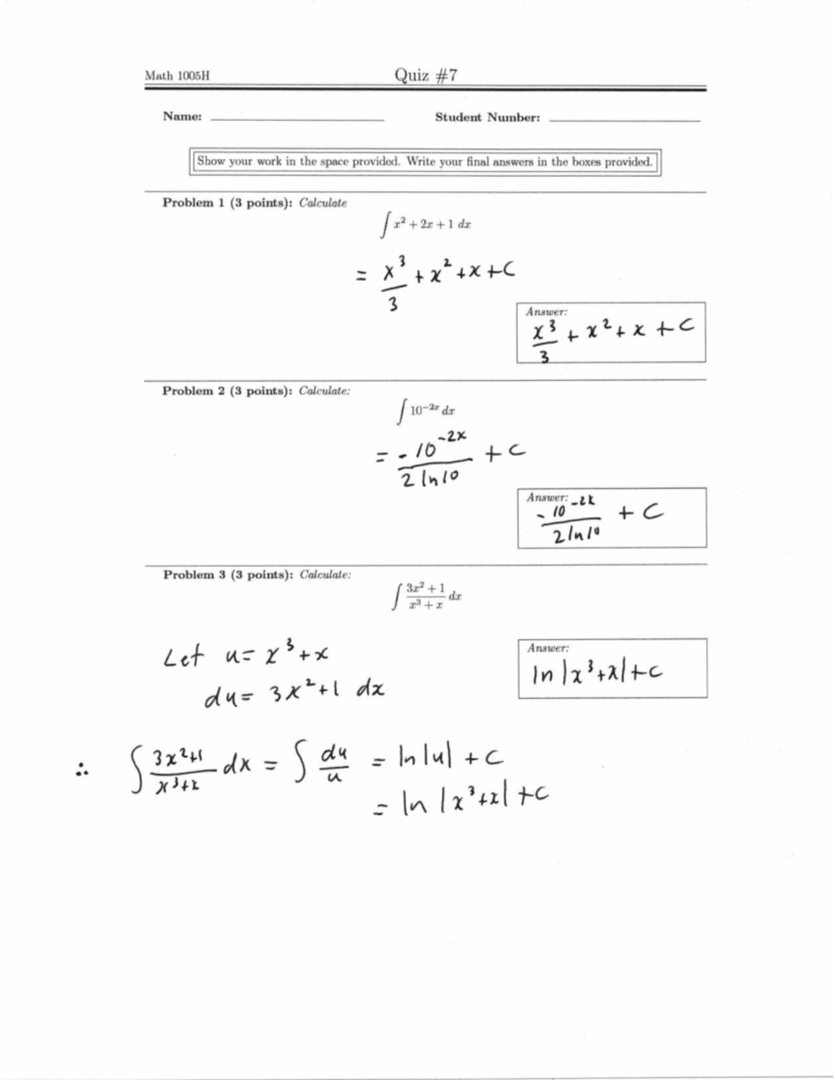 Math 1005H Quiz: Calculus Problems and Solutions - Studocu