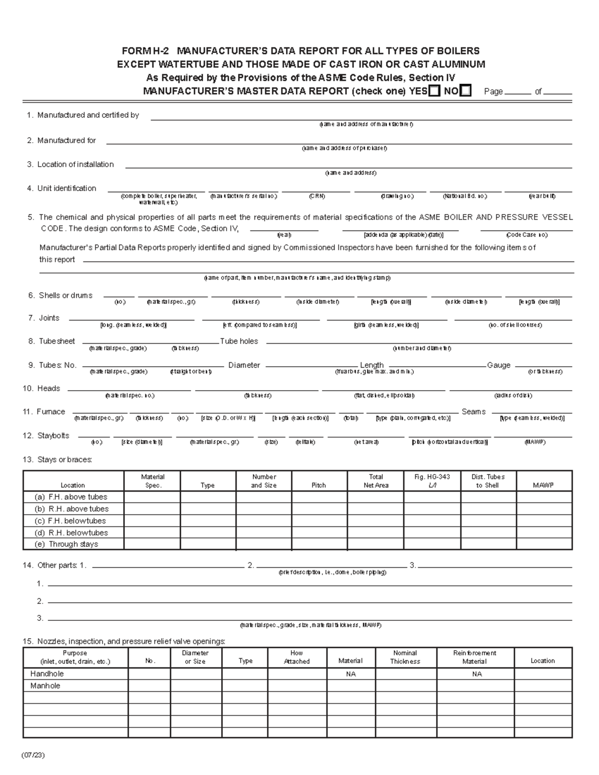 BPVC IV H-2-2023-1: Form Data Report for Boiler Types (Excl. Watertube ...