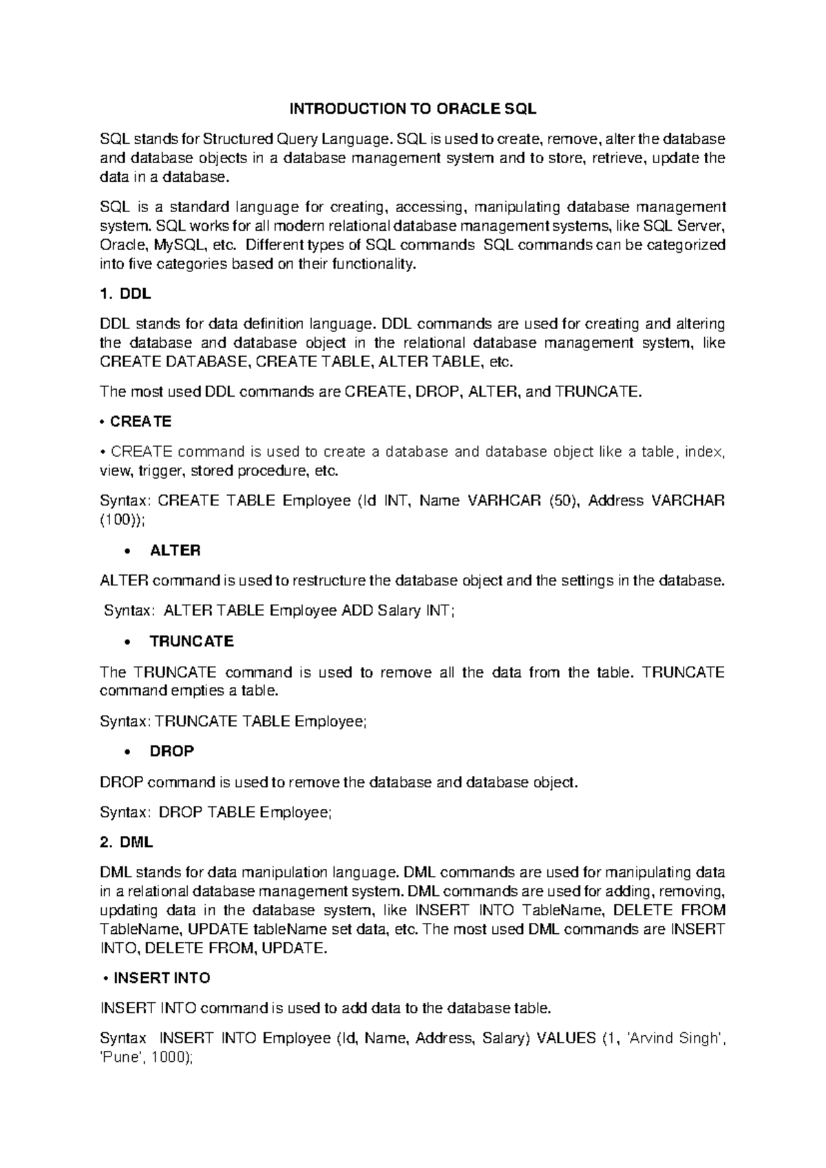 Introduction TO Oracle SQL SQL stands for Structured Query Language ...