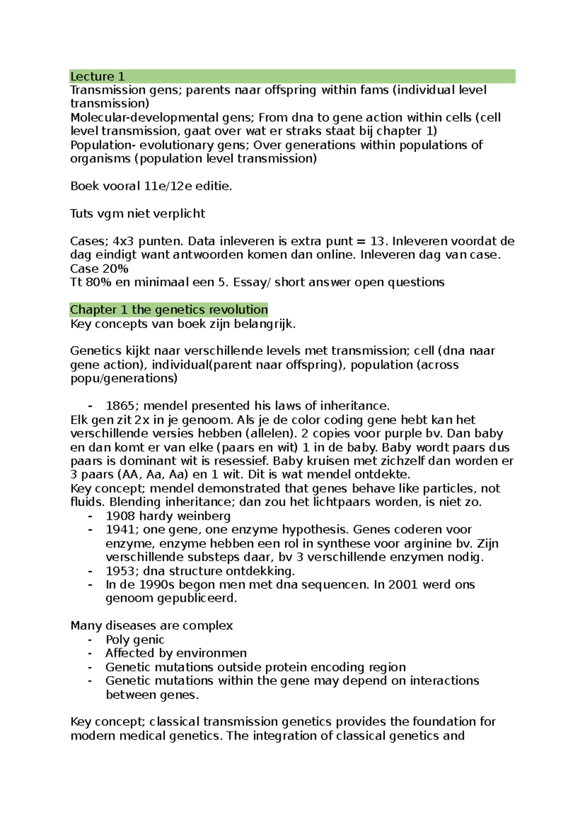Genetics Lecture Notes: GEN 101 - Chapter 1 & 2 Overview - Studeersnel