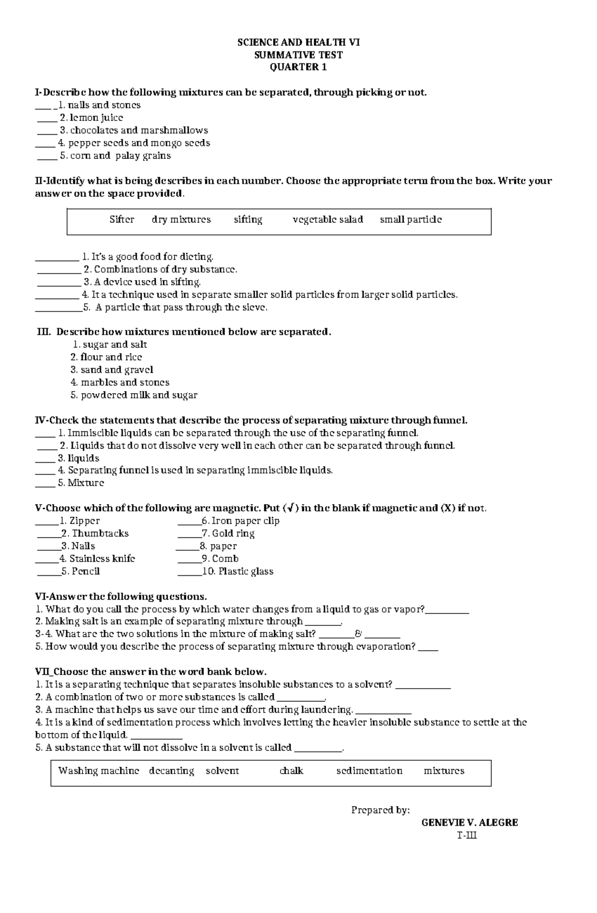 ST Science 6 Quarter 1 Summative Test on Mixtures and Separation - Studocu