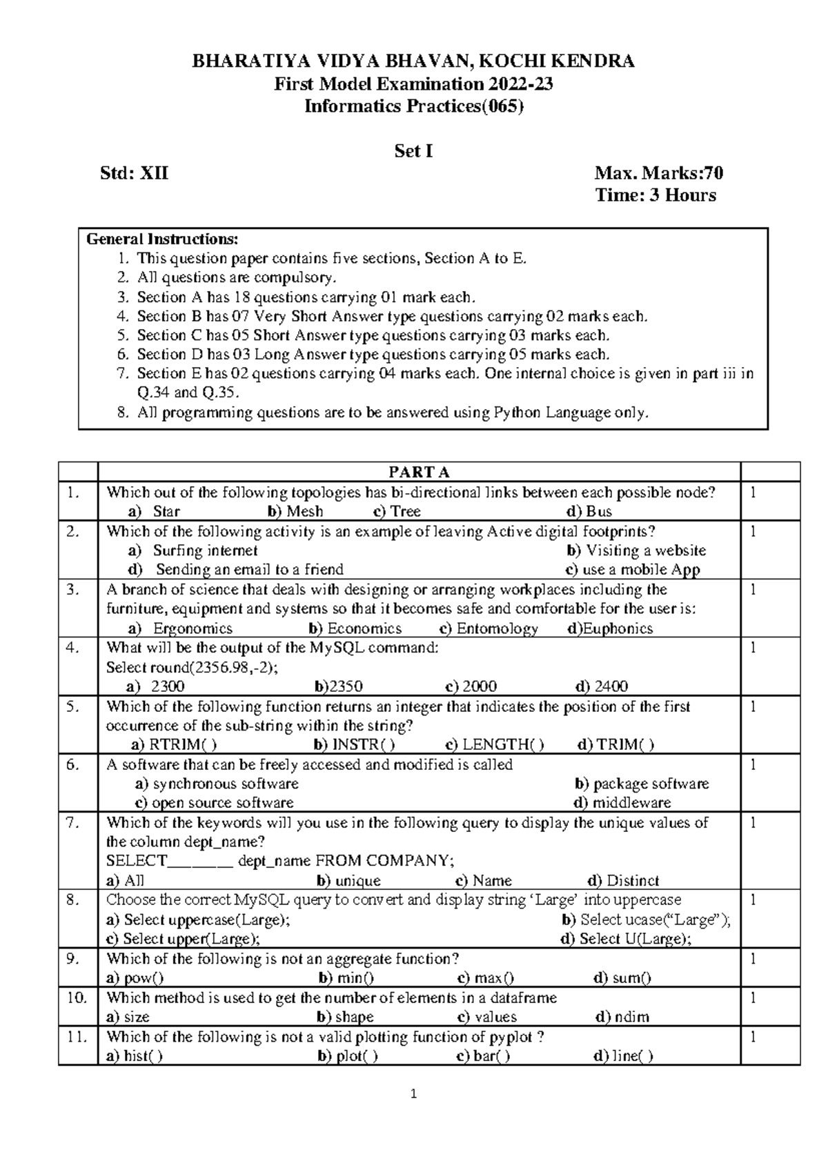 Model Exam Paper for Informatics Practices (065) - Set I - Std XII ...