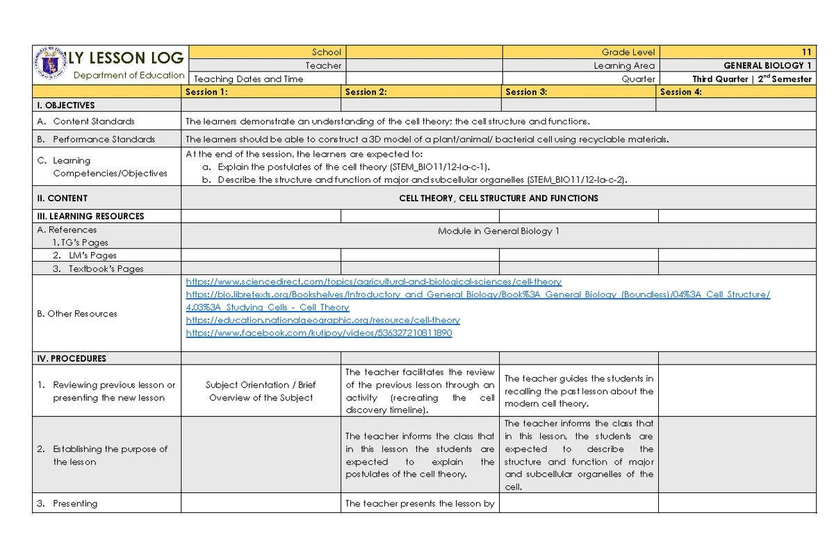 DAILY LESSON LOG: General Biology 1 (STEM 11) - Quarter 4, Week 1 - Studocu