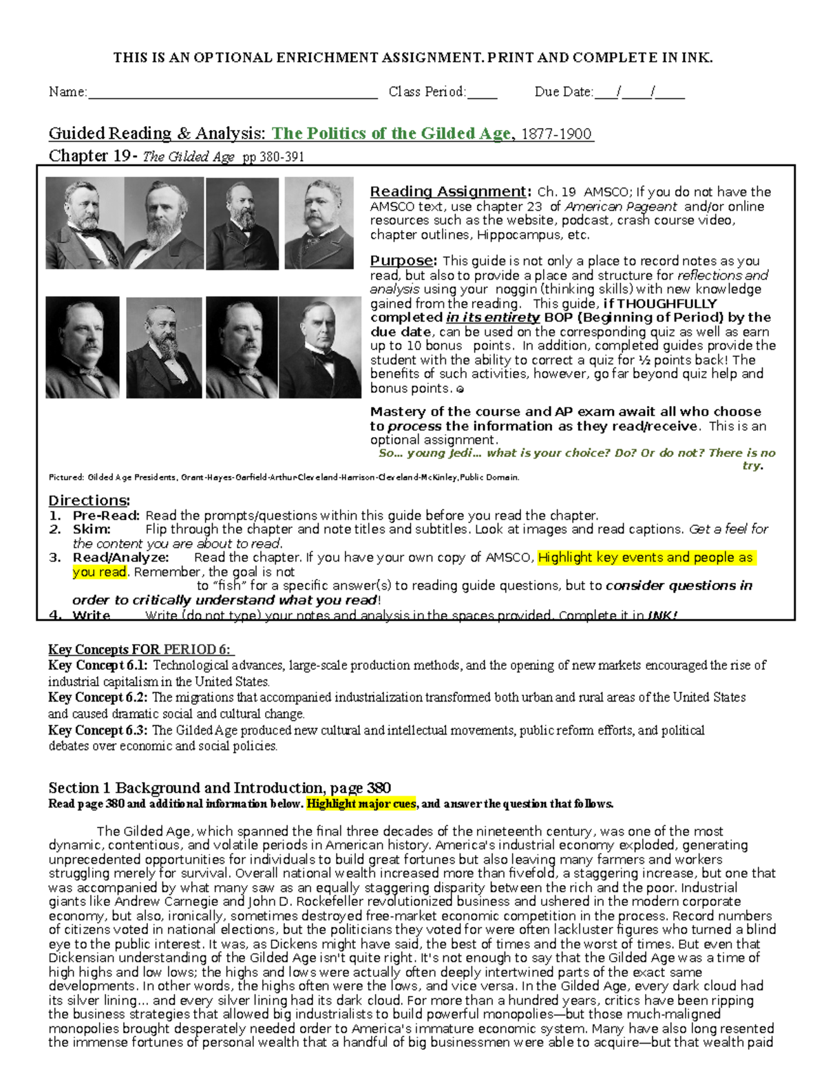 Amsco Chapter 19 Reading Guide Answers - THIS IS AN OPTIONAL ENRICHMENT ...