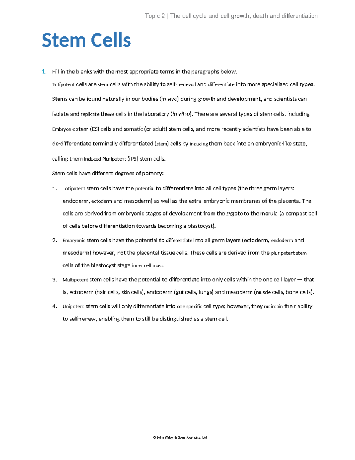 Stem Cells Worksheet: Understanding Cell Cycle & Differentiation - Studocu