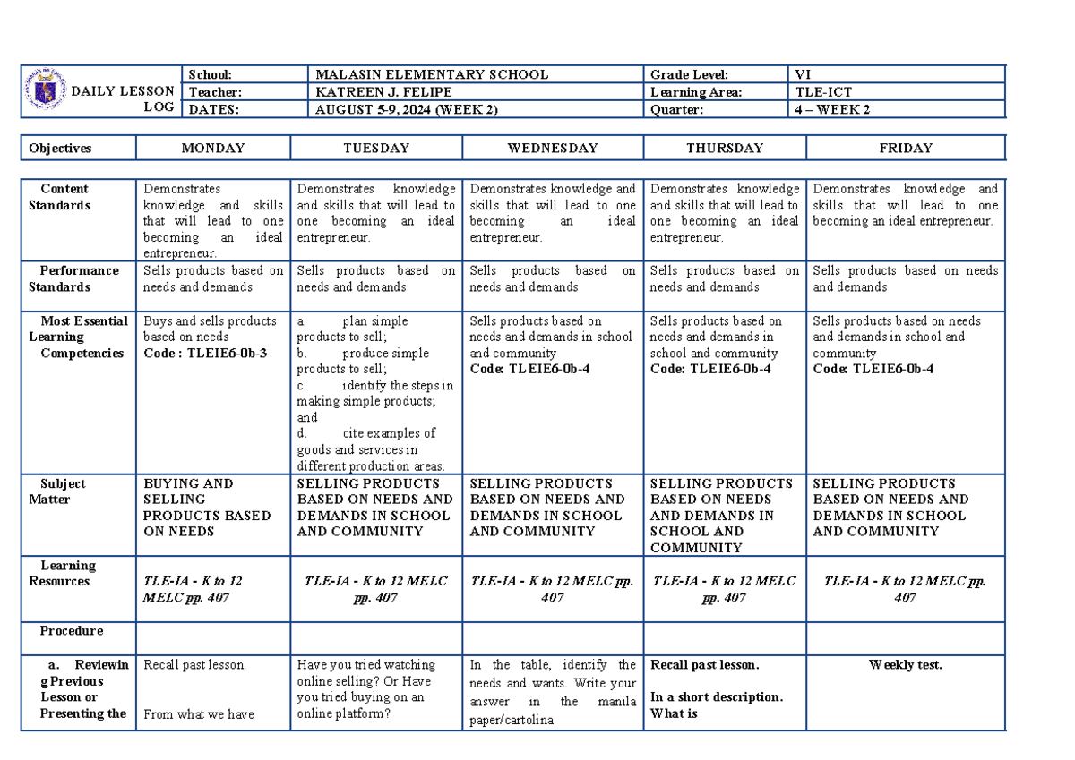 Q1 DLL WEEK 2 - TLE-ICT - Daily Lesson Log on Buying & Selling - Studocu