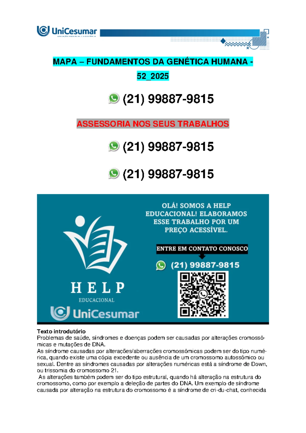 MAPA - FUNDAMENTOS DA GENÉTICA HUMANA - 52_2025: ASPECTOS CLÍNICOS E ...