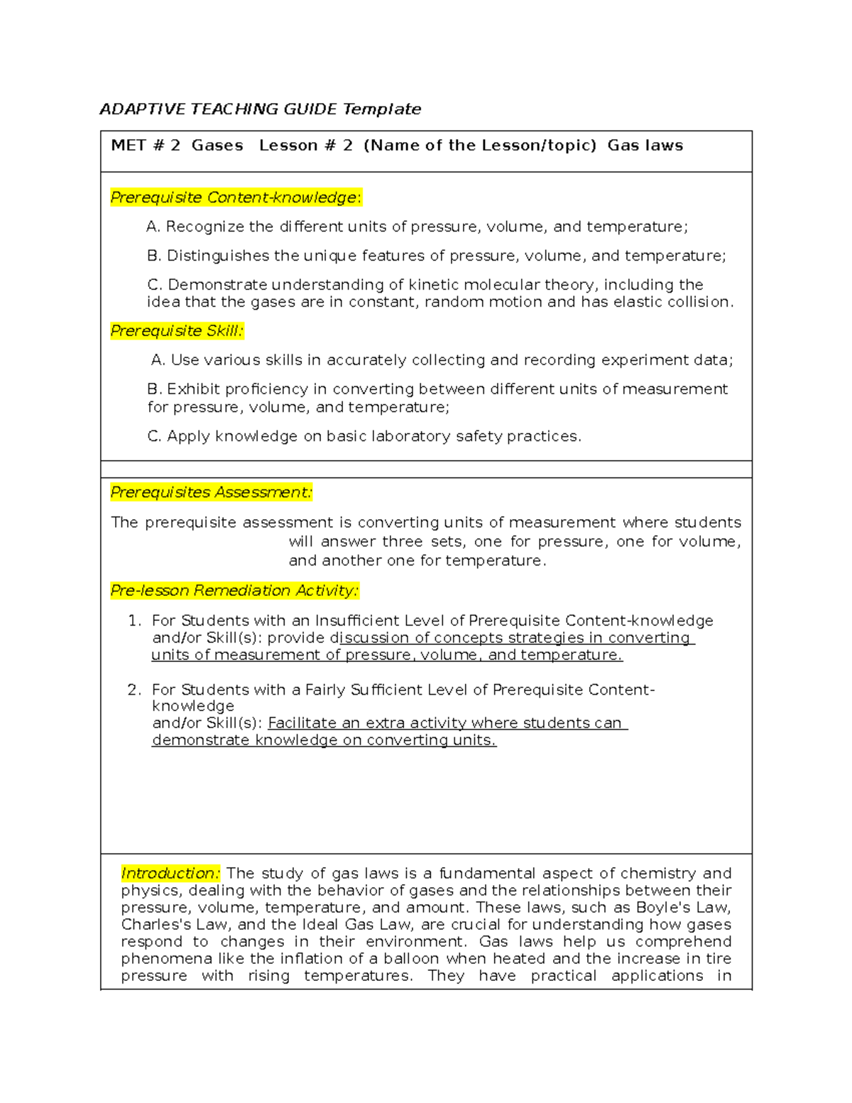 Adaptive Teaching Guide Template: Gas Laws Lesson - MET #2 - Studocu