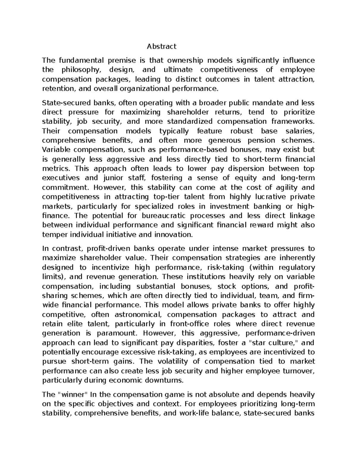 Compensation Models in Banking: Stability vs. Performance (FIN 101 ...