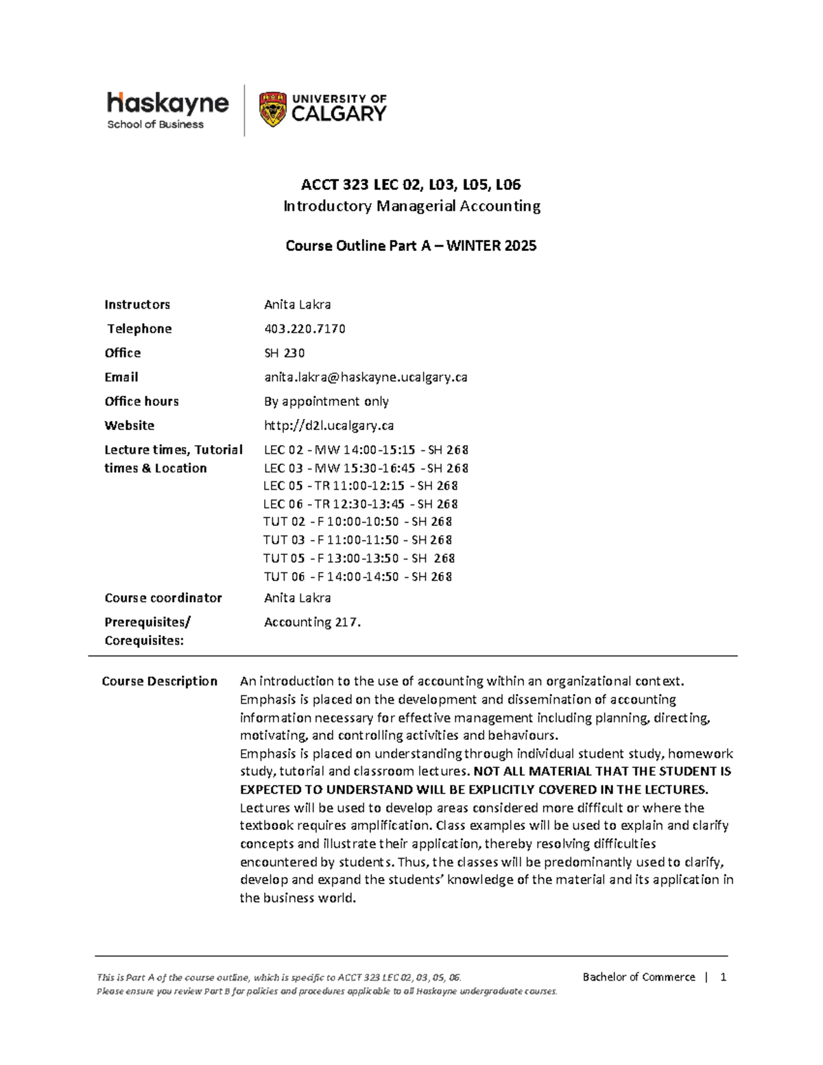 W25 ACCT 323 LEC 02, 03, 05, 06 Managerial Accounting Course Outline ...