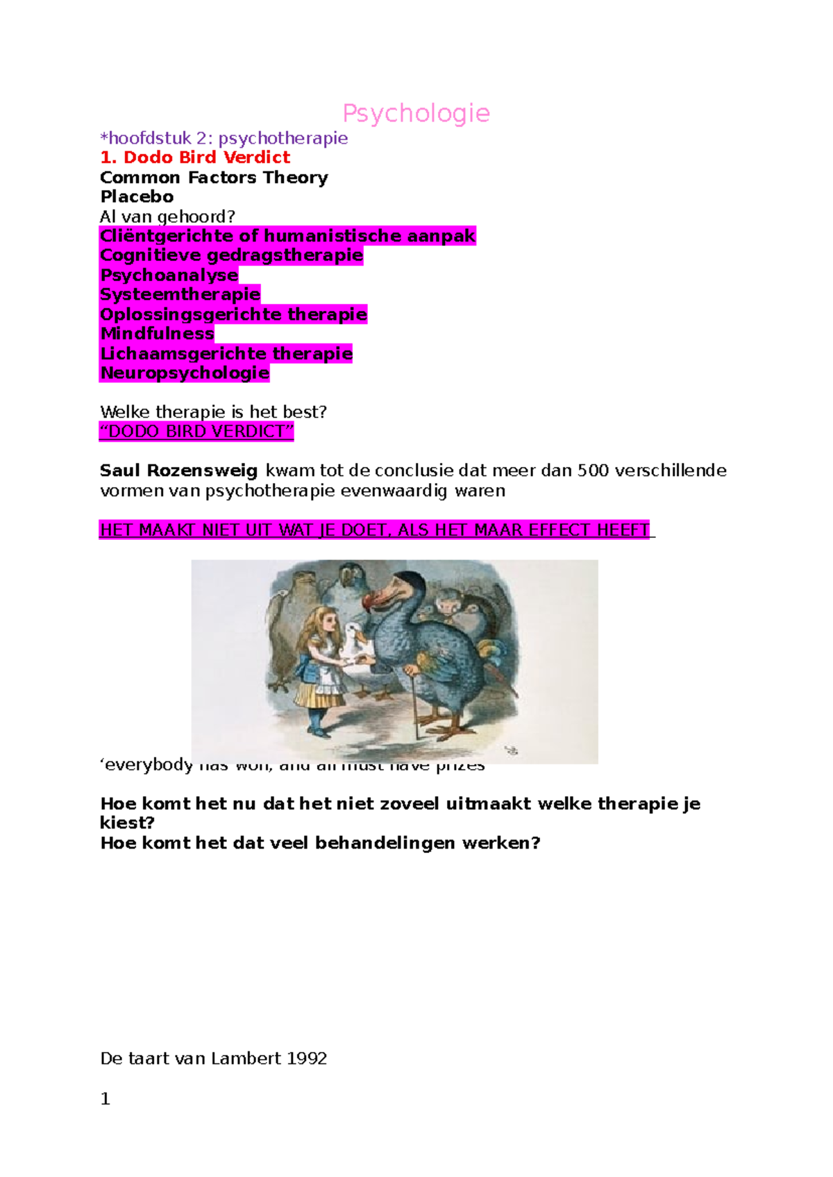 Psychologie H2: Psychotherapie en de Dodo Bird Verdict Theorie - Studocu