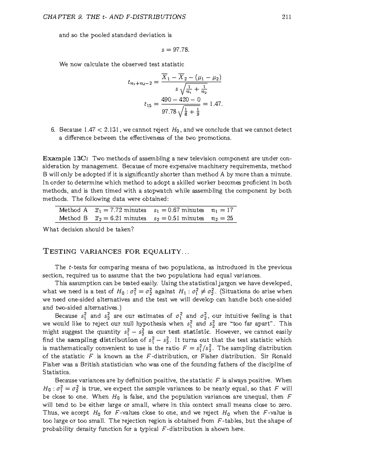 211 INTROSTAT Chapter 9: Testing Variances and Comparing Means - Studocu