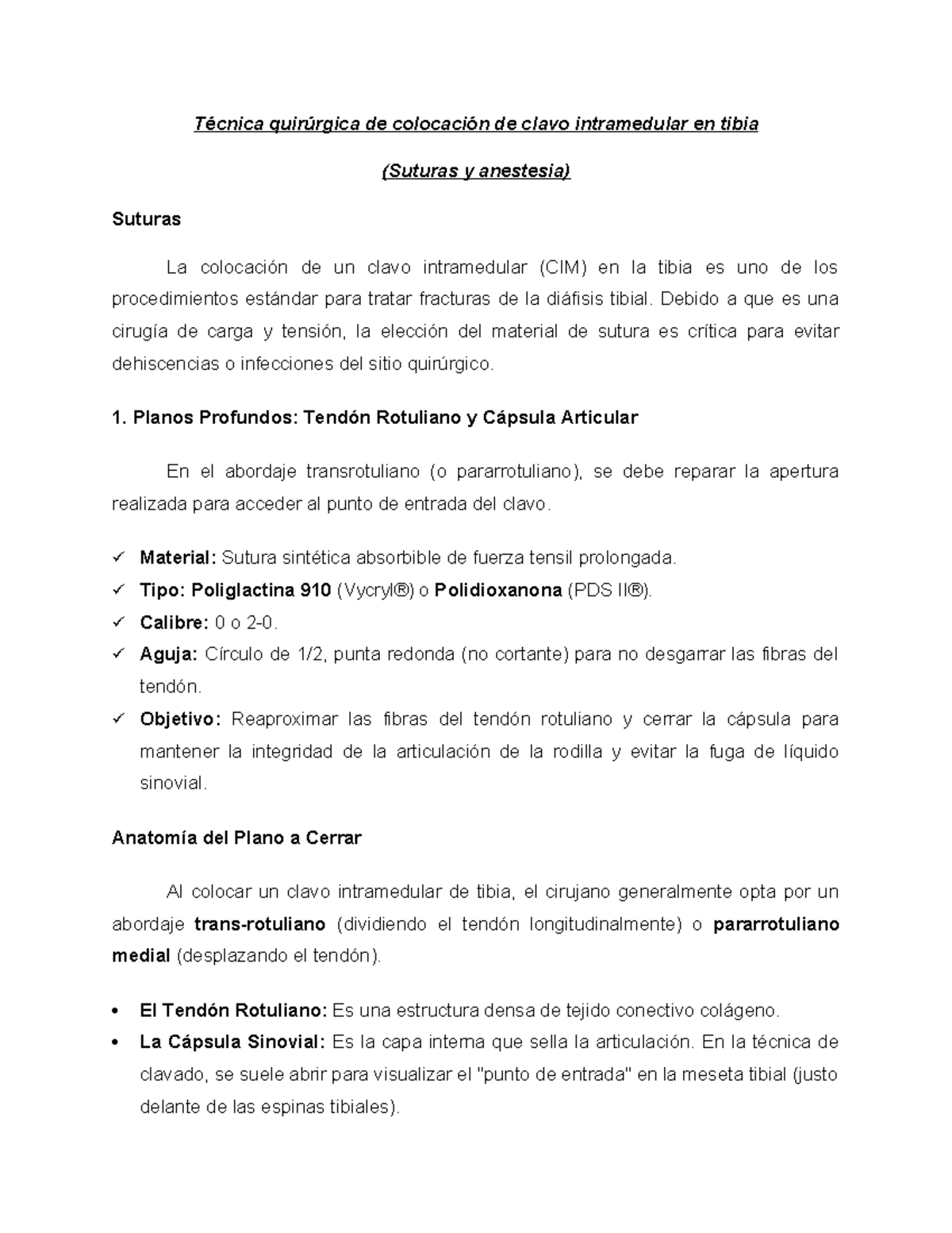 Técnica Quirúrgica y Anestesia para Clavo Intramedular en Tibia - Studocu