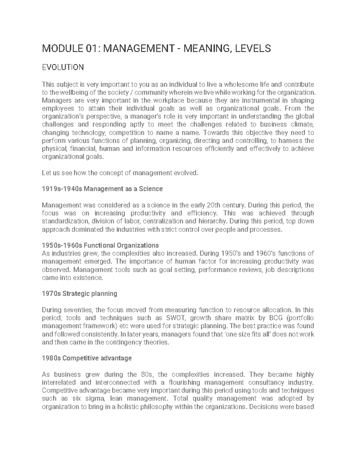 Module 01: Evolution of Management - Meaning & Functions - Studocu