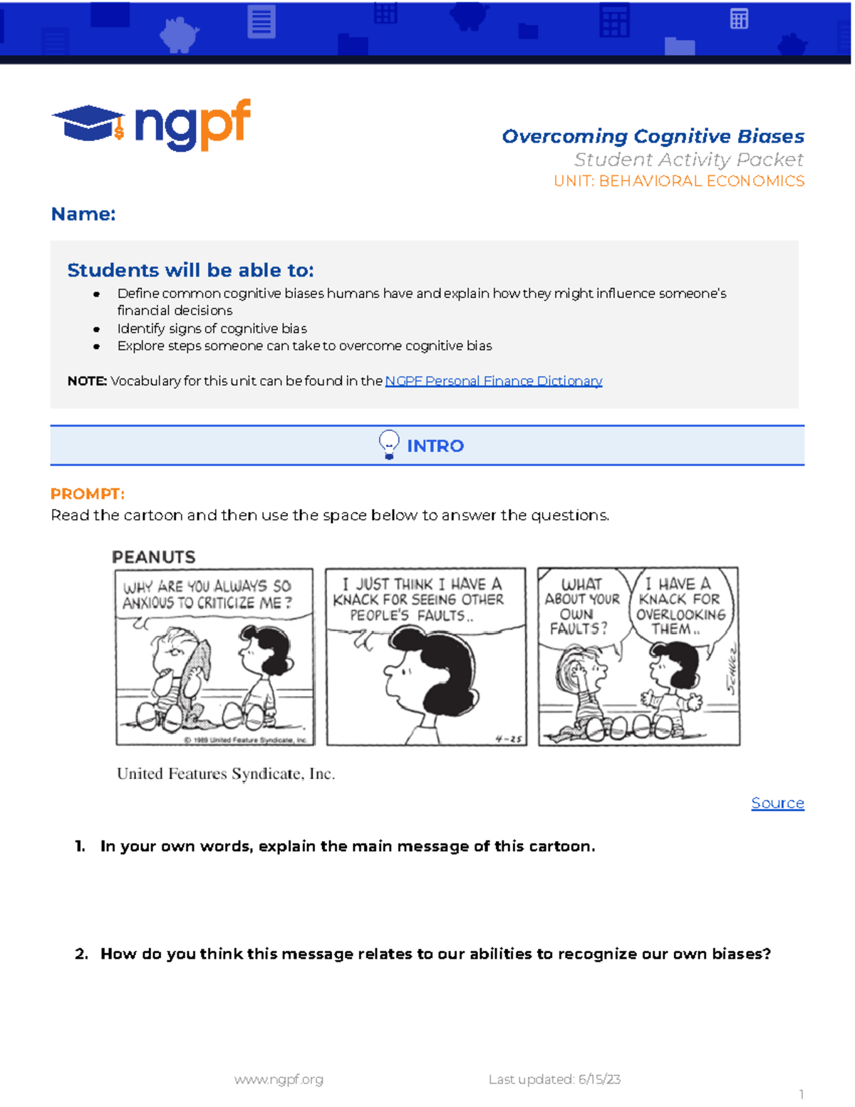 Unit 1 Lesson 3 Overcoming Cognitive Biases Student Activity Packet ...