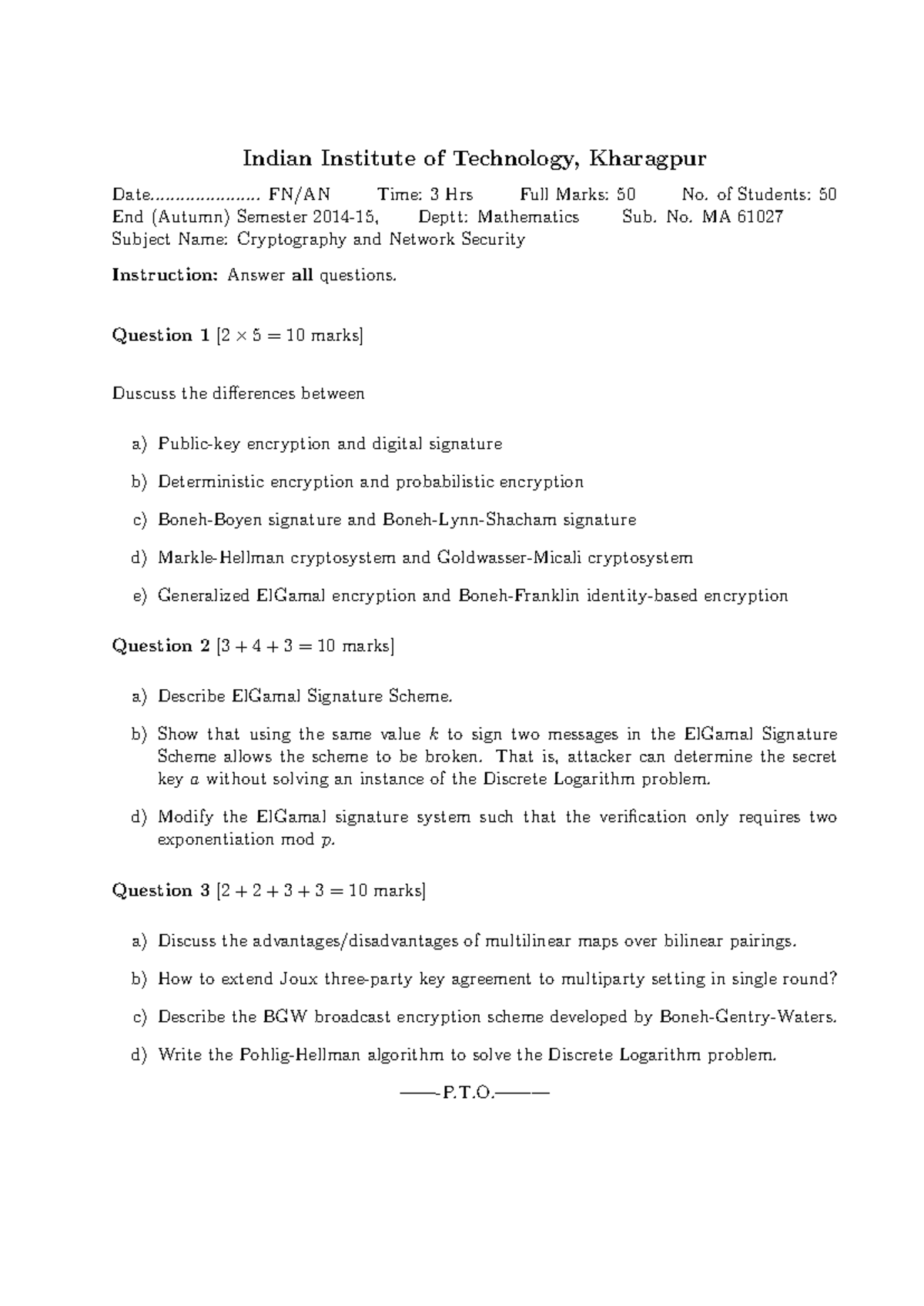 Endsem Exam MA 61027: Cryptography & Network Security 2014 - Studocu